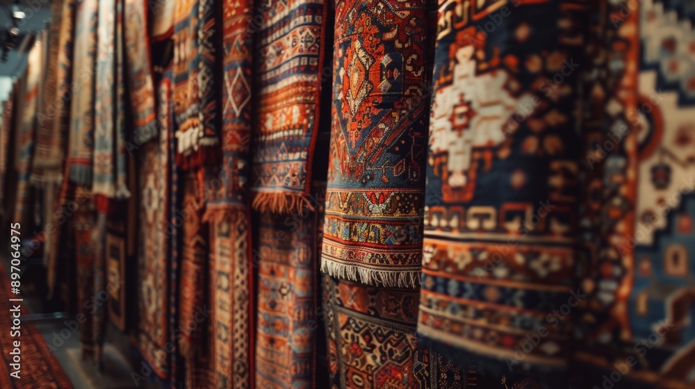 Variety of the gorgeous oriental carpets in traditional carpet store in ...