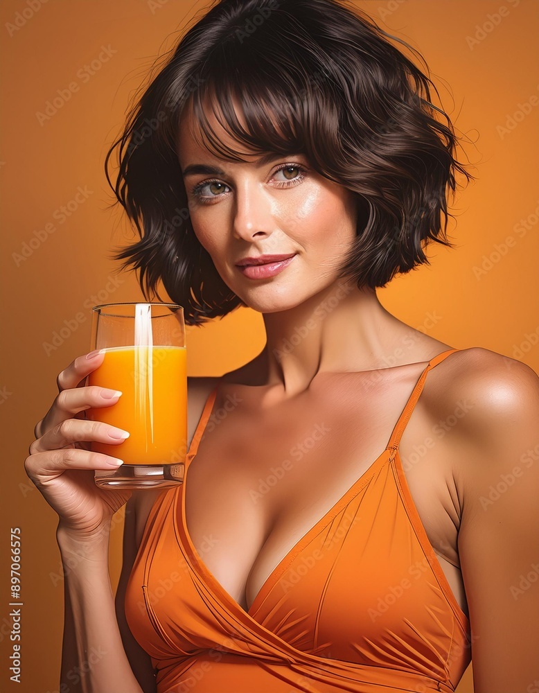 Brunette model with short hair wearing orange bikini with orange juice on her hand on orange ...