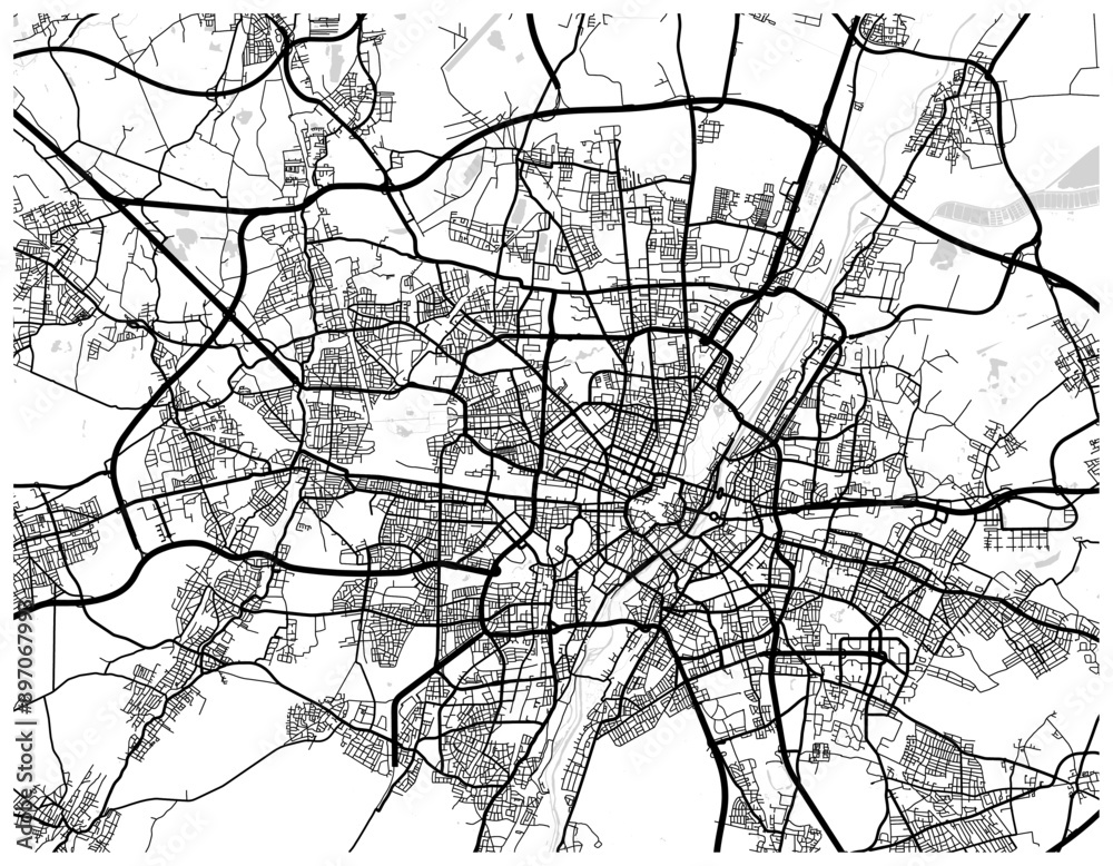 Simple black and white map of the road network of Munich, Germany ...