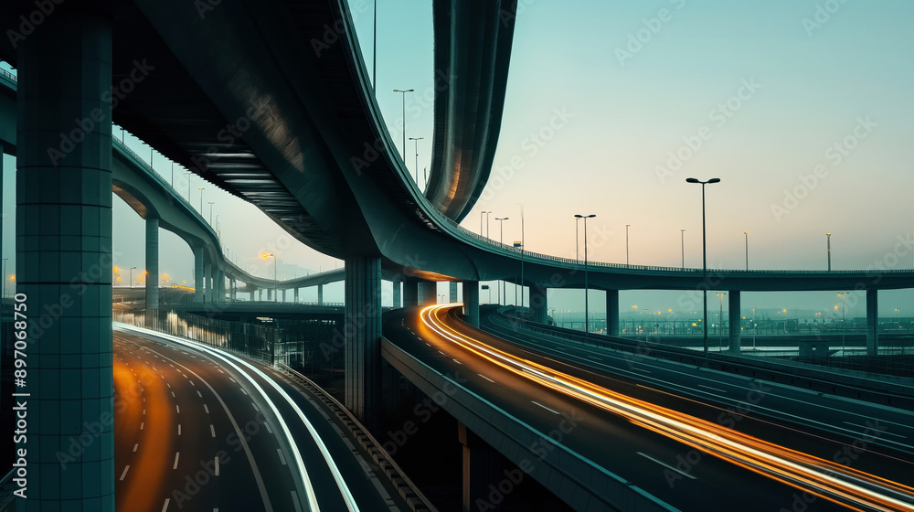 Elevated highways with light trails from passing vehicles during ...