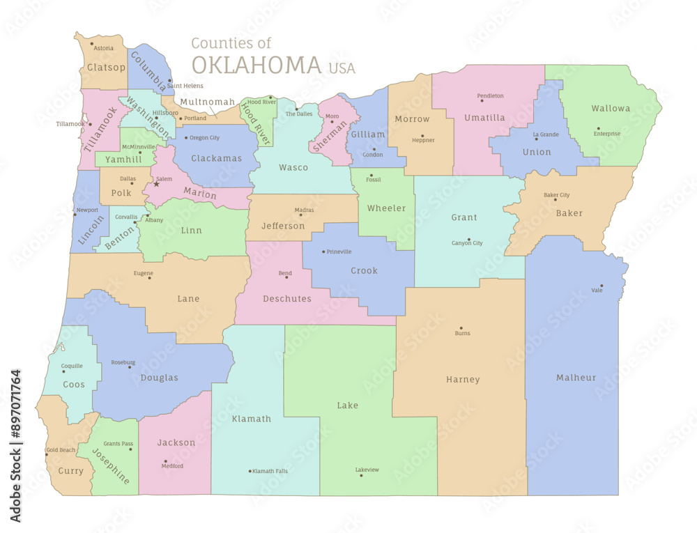 Counties of Oregon, administrative map of USA federal state. Highly ...