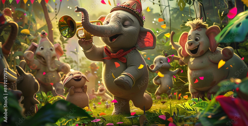 A elephant in a bard hat, using its trunk to play a trumpet, surrounded ...