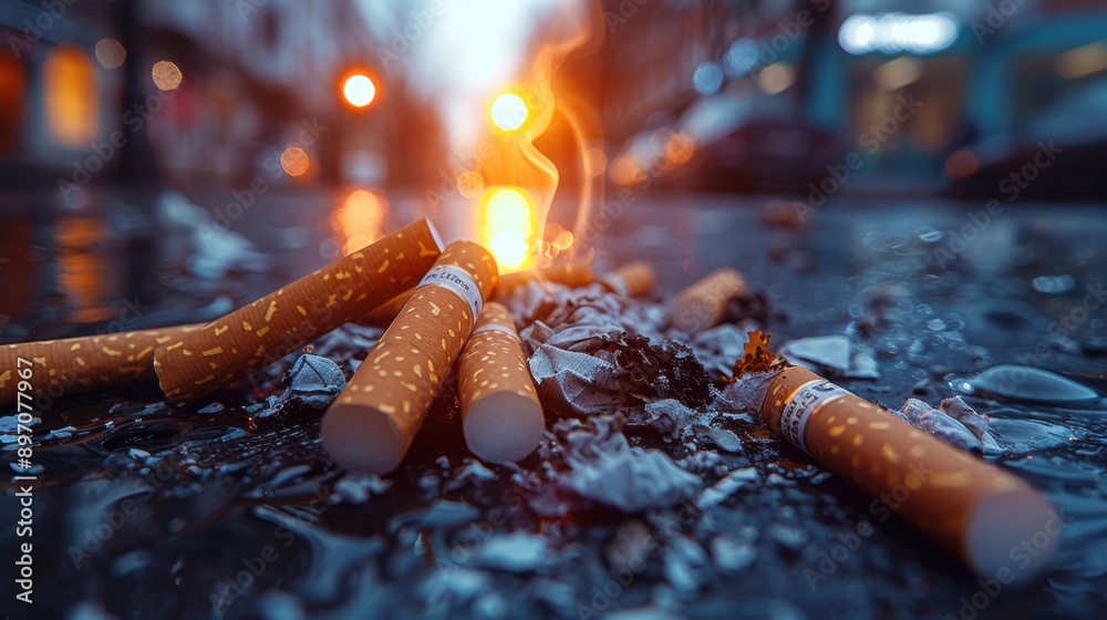 Cigarettes are scattered on the ground in front of a street, Smokeout ...