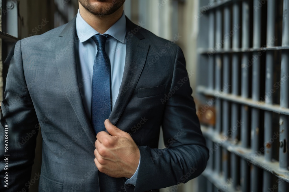 elegant businessman person with suit and tie in jail or prison ...