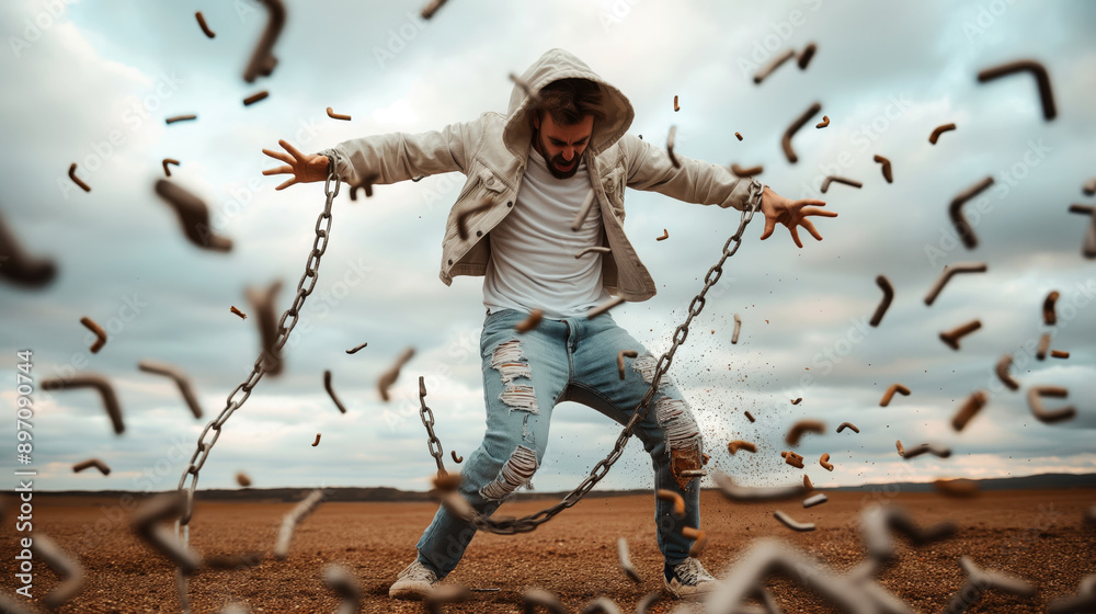Man breaking chains in an open landscape with dramatic sky, debris flying around. Wearing ripped ...