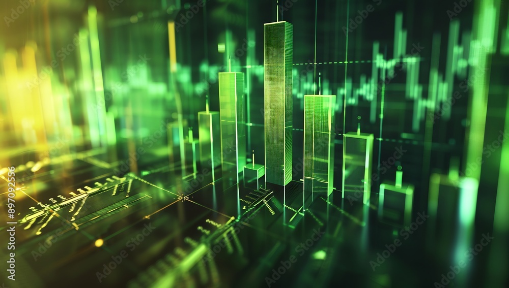 Data information graph with green bar chart displayed on a pixelated ...