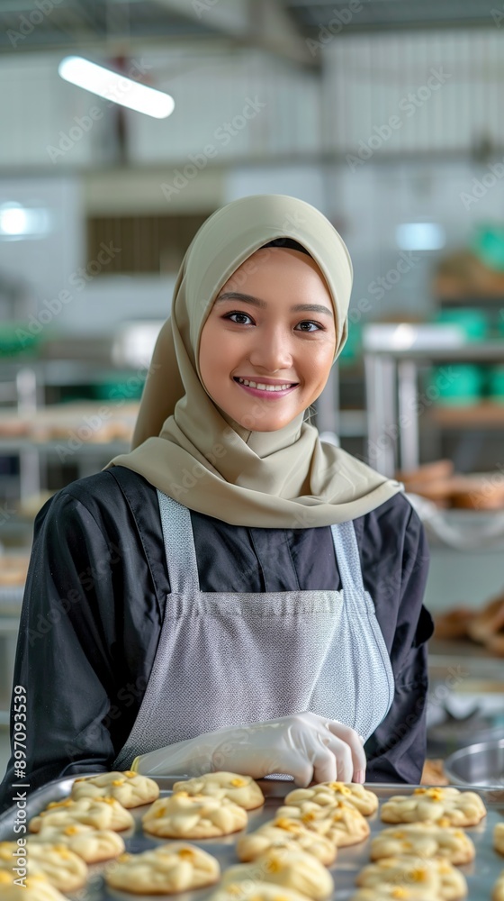 An asian young malay woman, hijabist, wearing an apron, wearing a ...