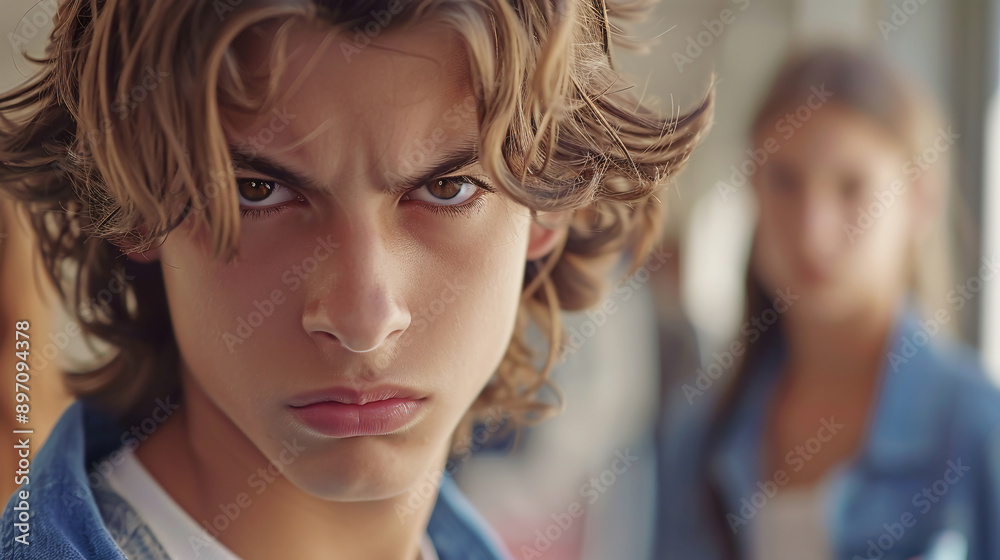 Teenage Boy with Defiant Stare: A young man with long brown hair and a ...