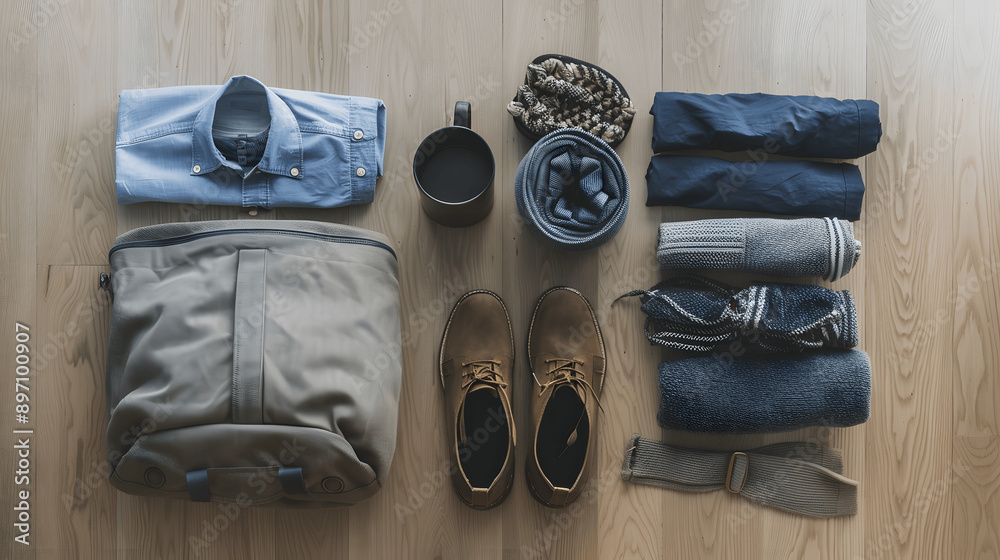 Minimalist packing setup with duffel bag and travel shoes Stock Photo ...