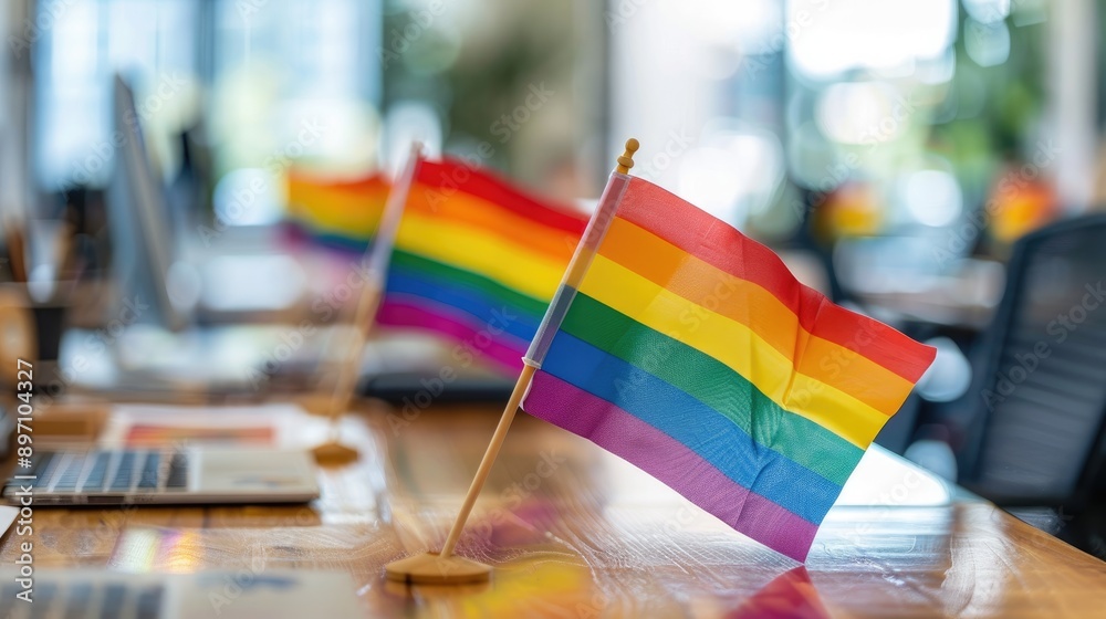 Colorful LGBT pride flags on office desks, representing diversity and ...