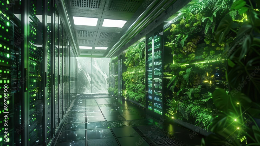 Holographic Data Center With Green Energy Visualizations Translucent Screens Display
