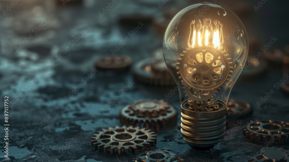 Copy space Light bulb on with gears in the back, concept of idea Stock ...