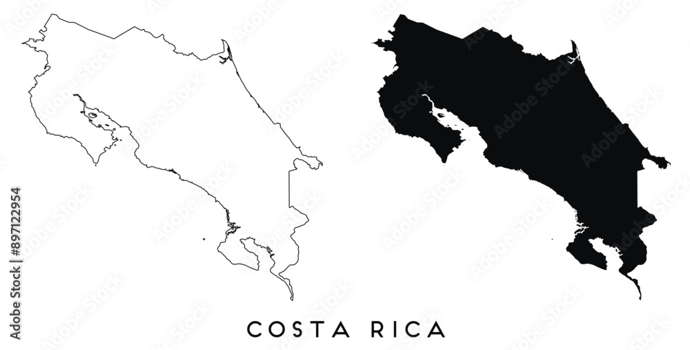 Costa rica map outline and black silhouette vector Stock Vector | Adobe ...