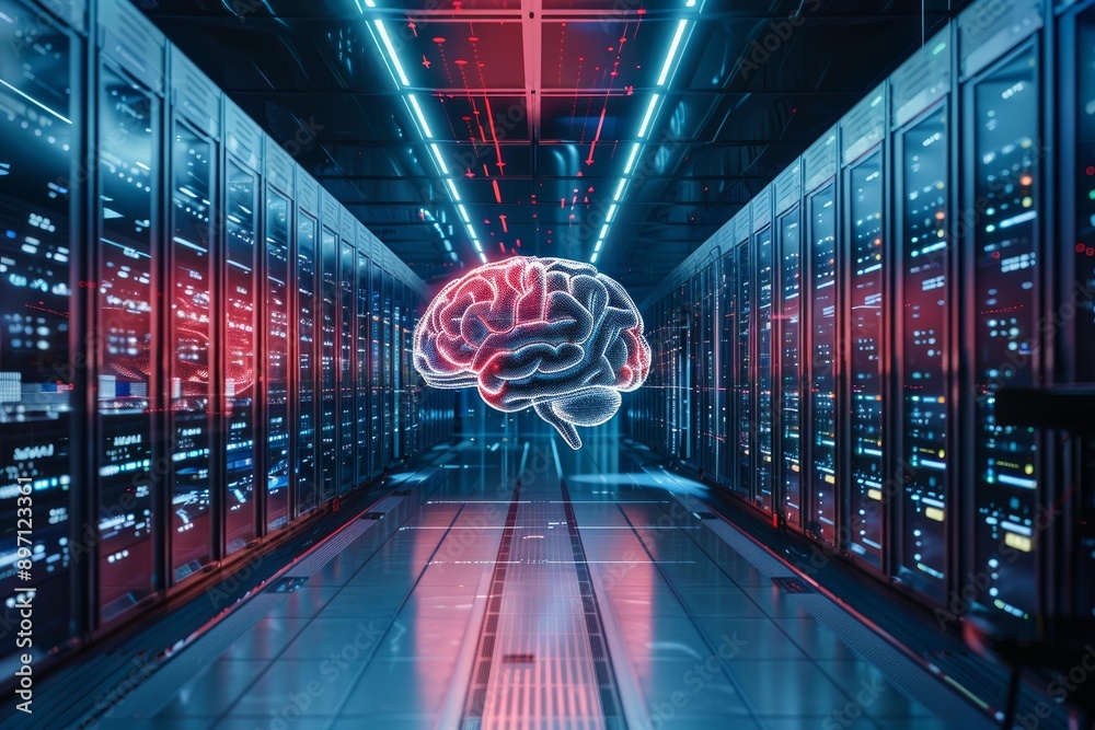 Digital brain is glowing inside a supercomputer, representing the ...