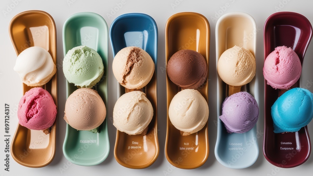 12 ice cream scoops each on its own wooden spoon in 3 rows of 4 ...