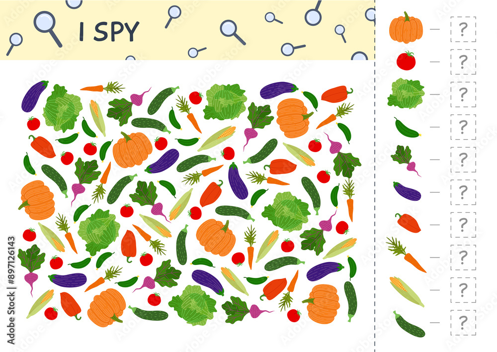 Vegetables I spy childrens game. Printable worksheet for preschool ...