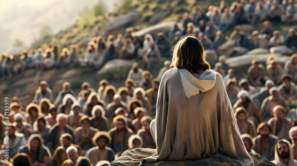Jesus sat on a rock preaching to a large crowd on the mountain. The ...
