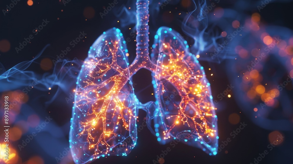 An illustration of human lungs with glowing particles, representing the ...