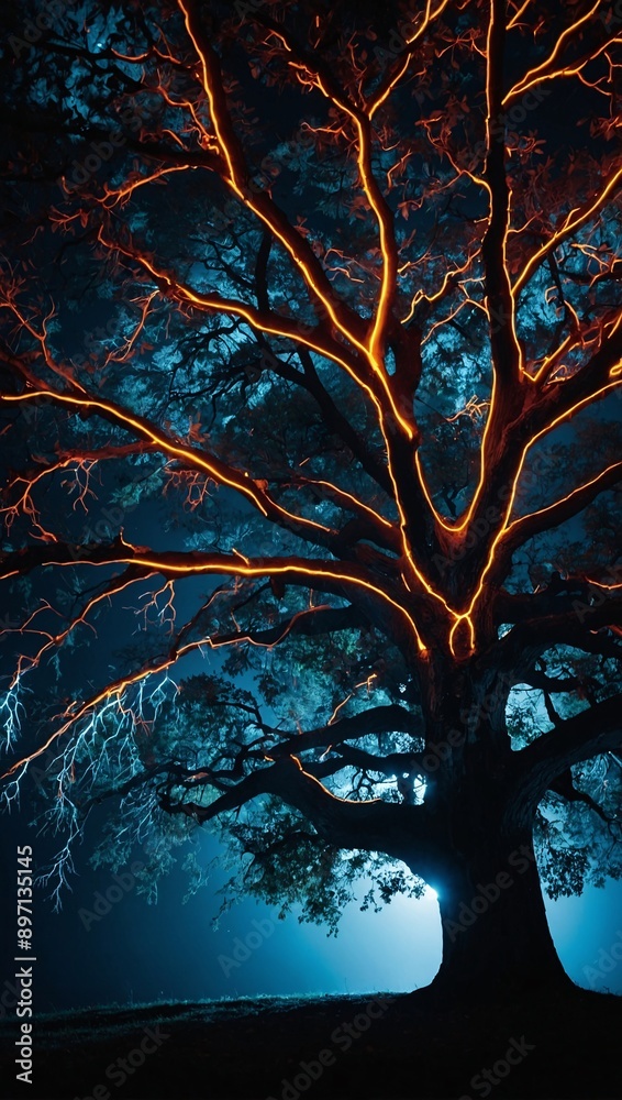 HD 4K wallpaper with glowing neon oak tree plexus on a black background ...