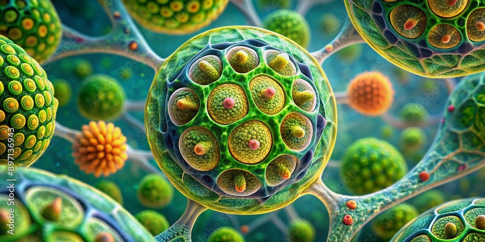 Vibrant microscopic image of onion cell's intricate structure, showcasing delicate cell walls ...