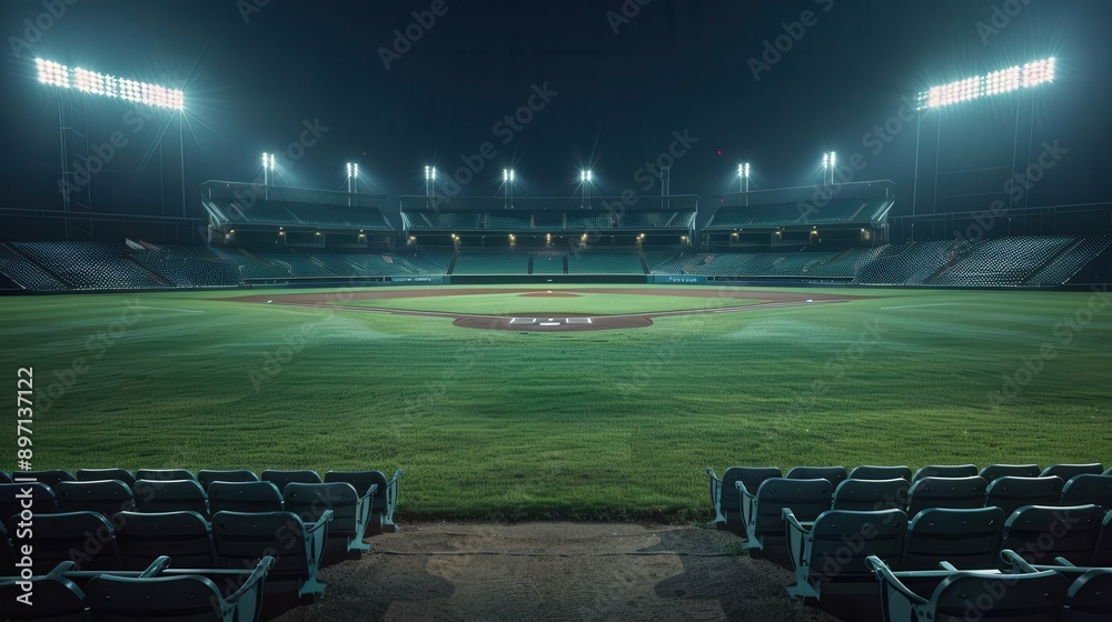 atmospheric night scene of an empty baseball stadium floodlights cast ...