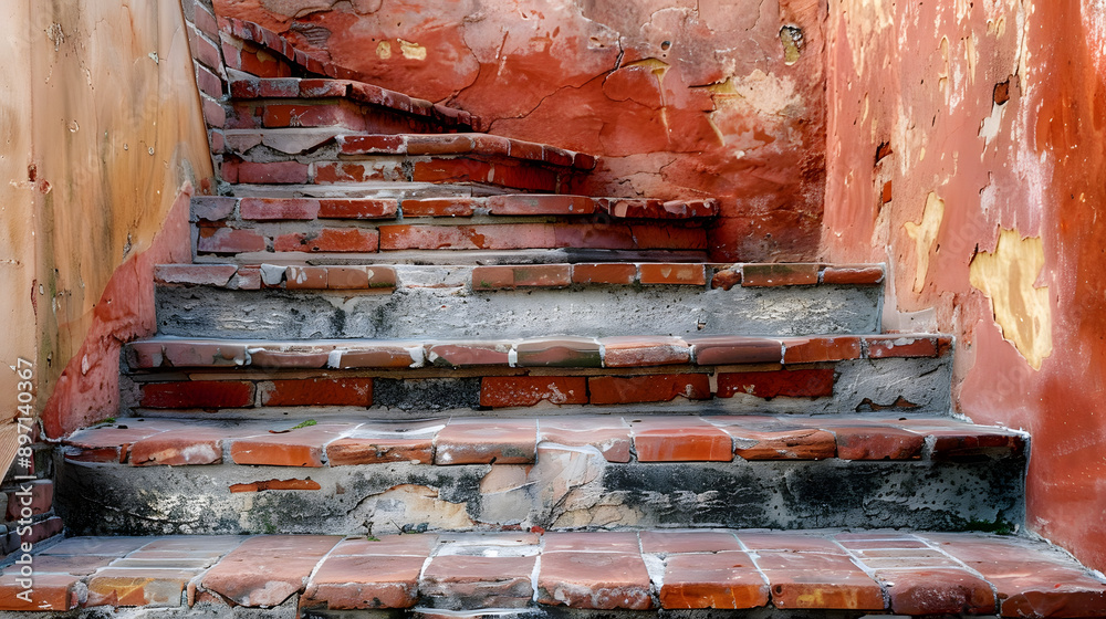 Aged red brick stairs against stucco background Stock Photo | Adobe Stock