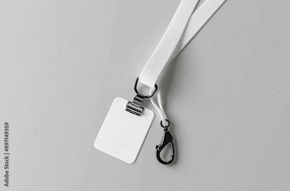 Minimalist white blank lanyard with badge on gray background, mockup ...
