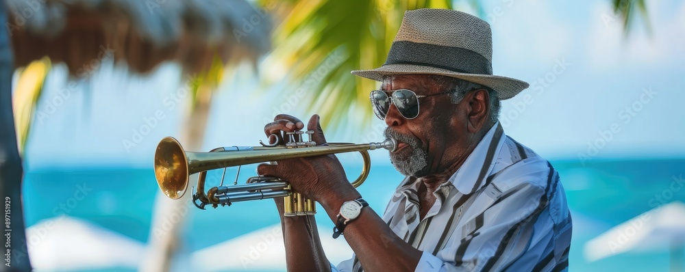 An elderly man plays a trumpet in a beach setting, surrounded by palm ...