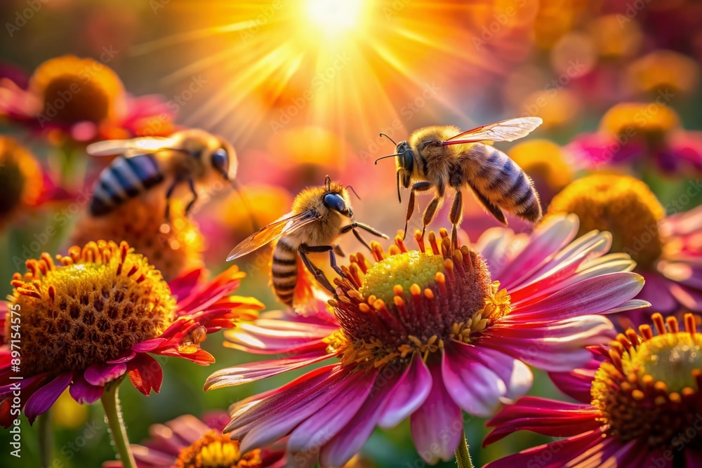 Warm sunlight illuminates busy bees flitting between vibrant flowers ...