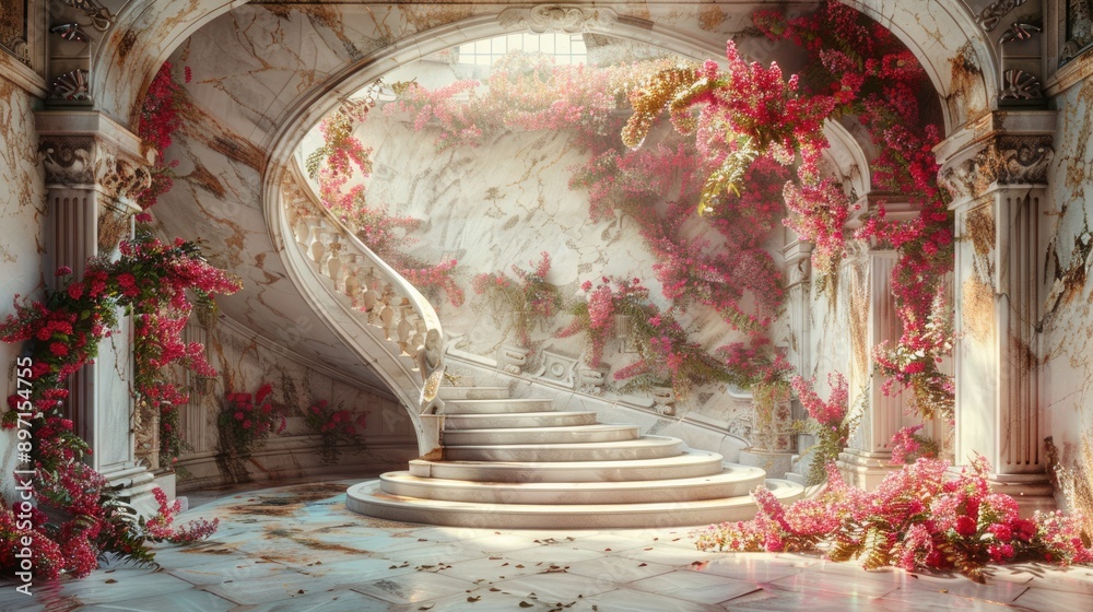 Marble white stairs with flower garlands, fantasy palace or heaven ...