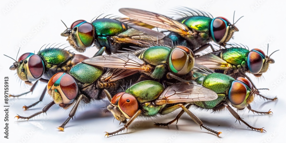 Assorted fly species, including houseflies, blowflies, and fruit flies, swarm on a pristine ...