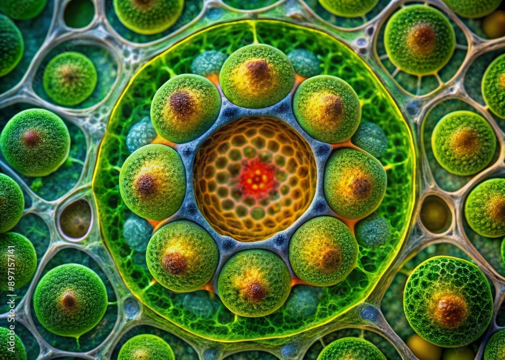 Vibrant microscope image of an onion cell's intricate structure, revealing cellulose walls ...