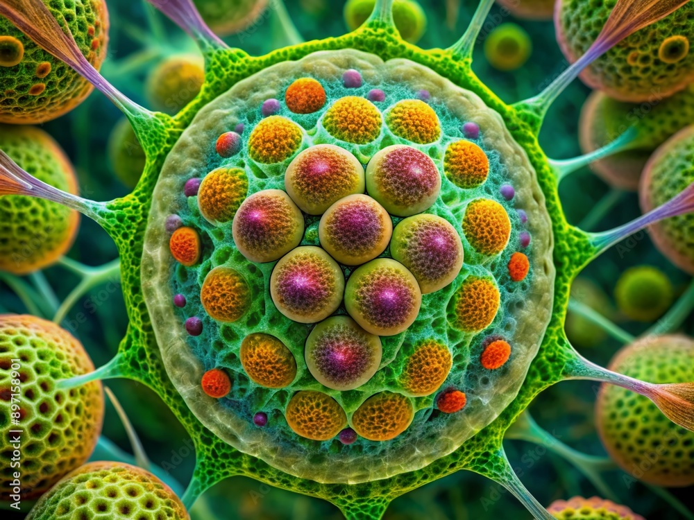 Vibrant, magnified image of an onion cell's intricate structure, revealing vibrant vacuoles ...