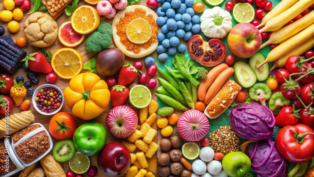 Colorful split-screen illustration comparing vibrant wholesome fruits ...