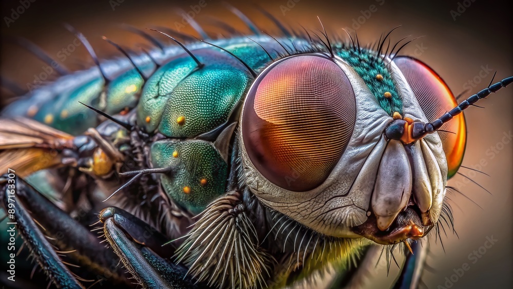 Extreme close-up of a housefly's compound eye and hairy body ...