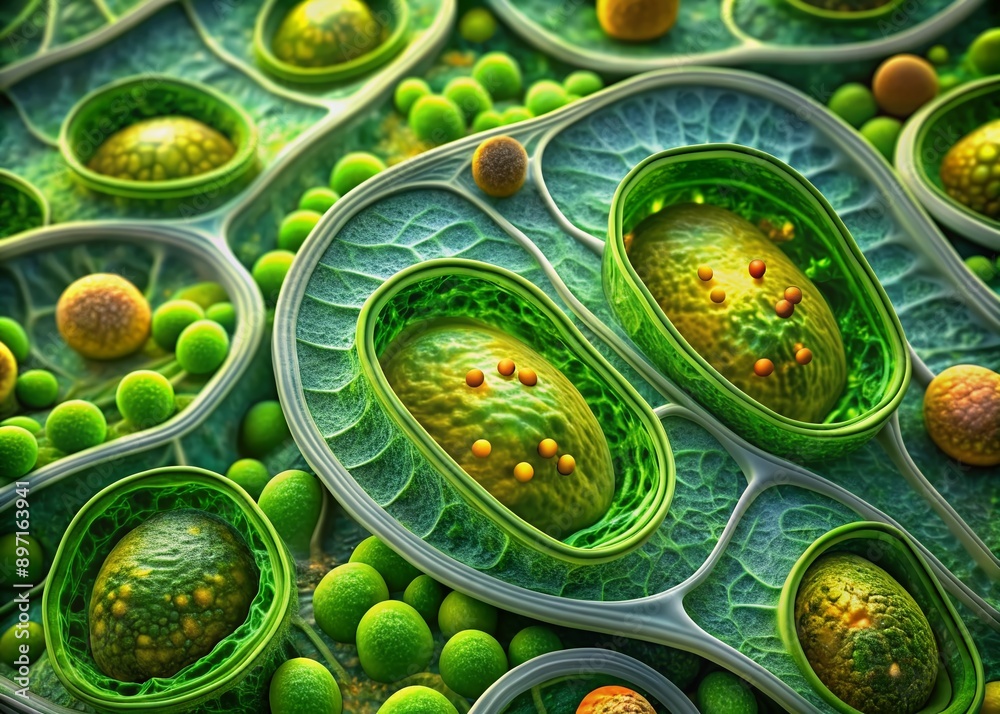 Vibrant green chloroplasts within plant cells, showcasing intricate ...