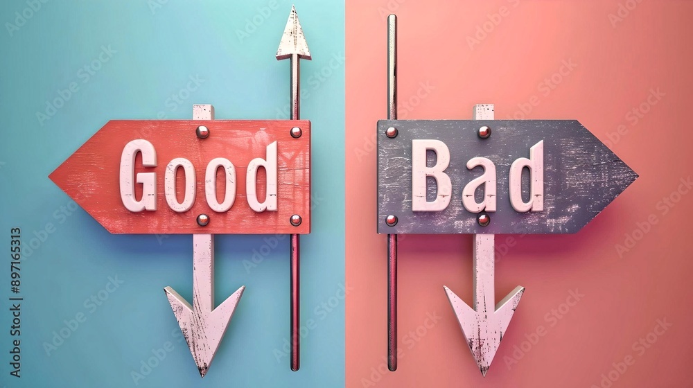 ภาพประกอบสต็อก Vintage-styled "Good" and "Bad" direction signs on a ...