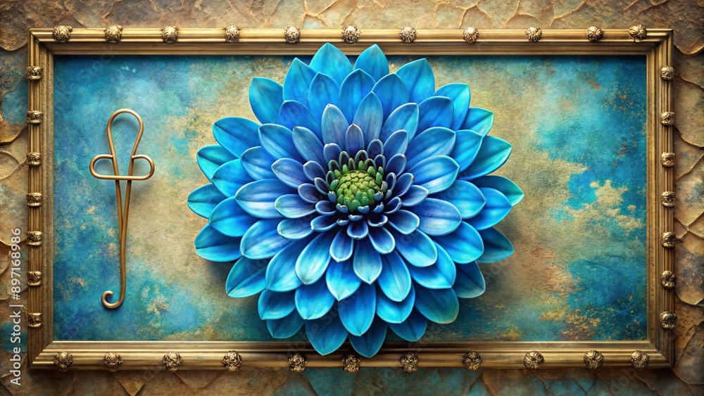 Vibrant blue flower blooms on a richly textured oil painting inspired ...