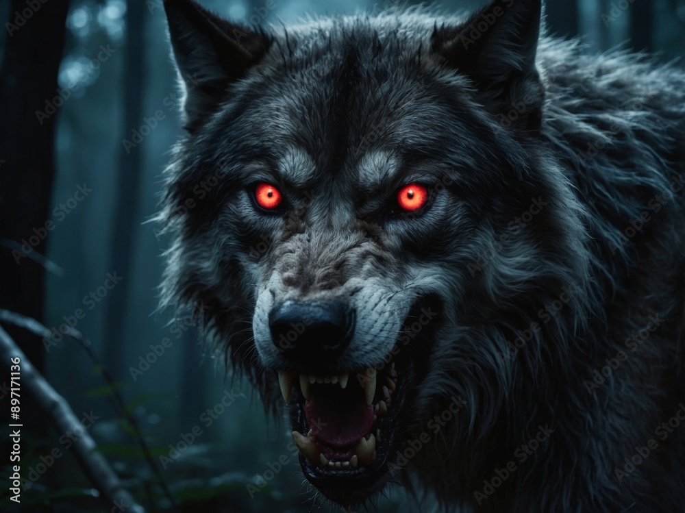 Glowing eyes Werewolf lycanthrope Dark misty forest full moon Evil glowing eyes and sharp fangs ...