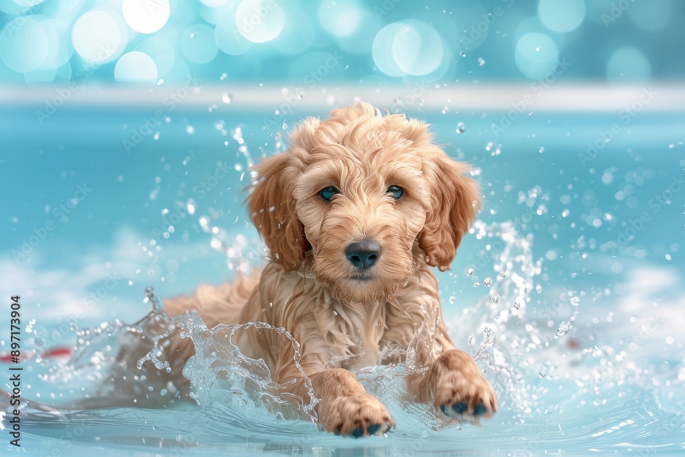 Underwater funny photo of maltipoo poodle puppy in the pool playing ...