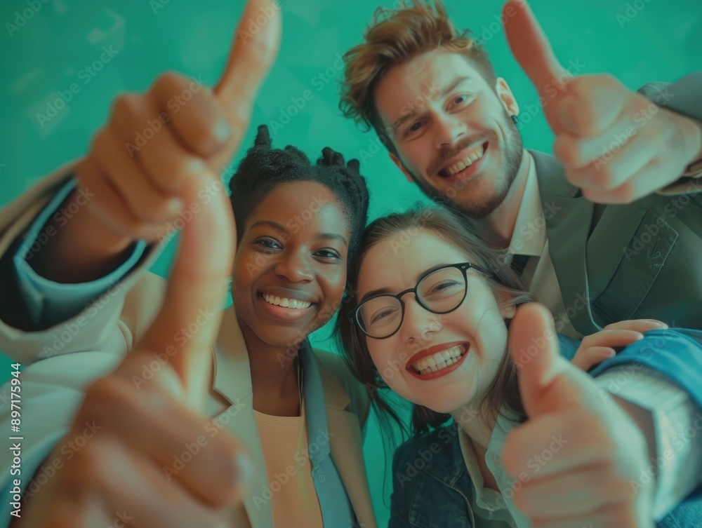 Smiling colleagues giving thumbs up sign, expressing approval and team ...
