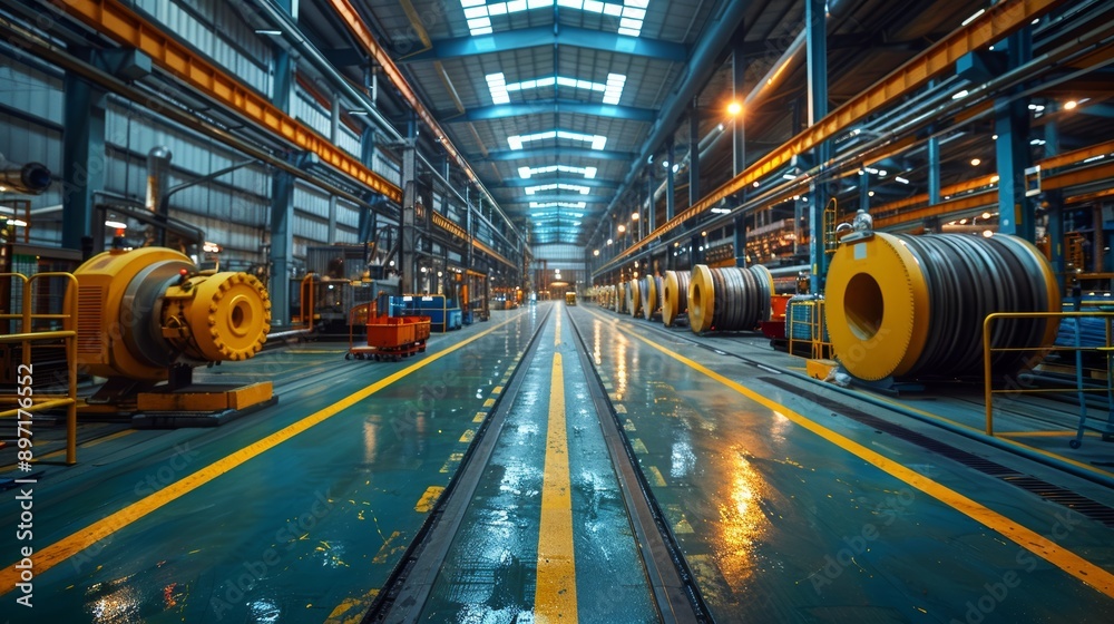 Empty Industrial Factory Floor With Yellow Lines and Spool Reels Stock ...