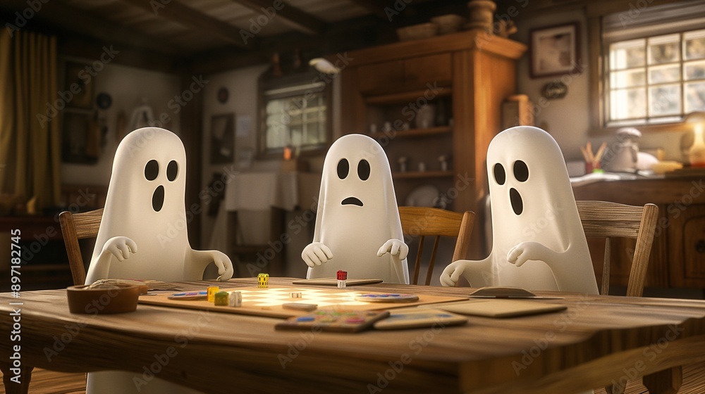 Ghostly Game Night: Three wide-eyed ghosts gather around a flickering ...