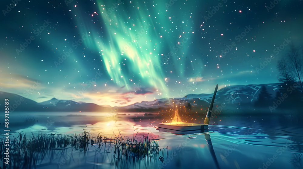 Surreal digital artwork of a paintbrush painting the northern lights ...