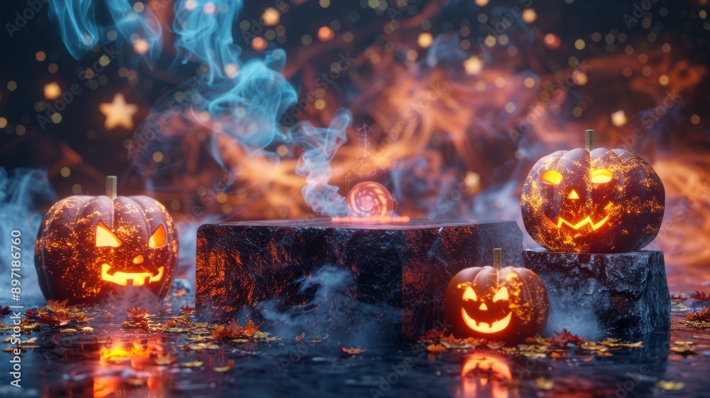 High-resolution 3D image of floating obsidian podium with holographic ...