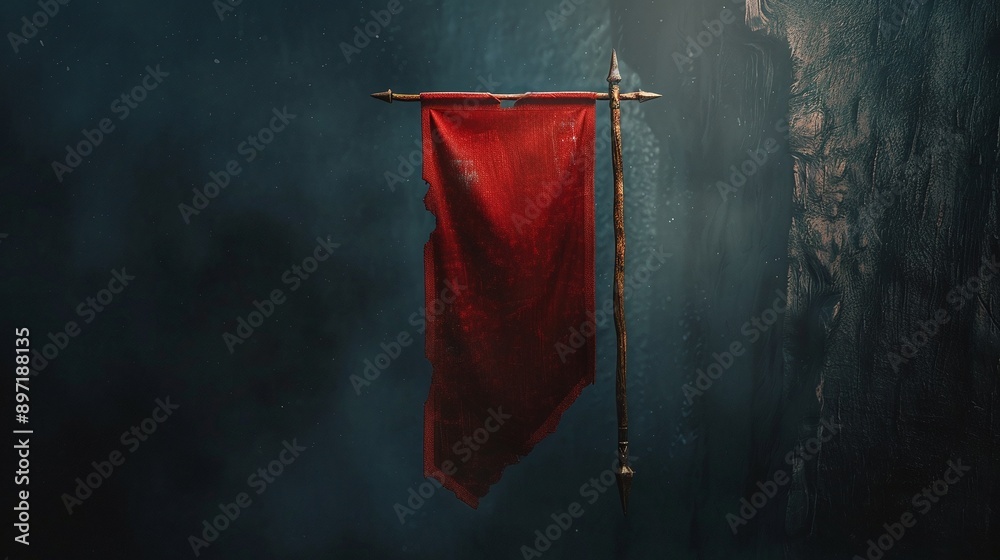 red medieval flag hanging vertically on a blank pole, game design ...
