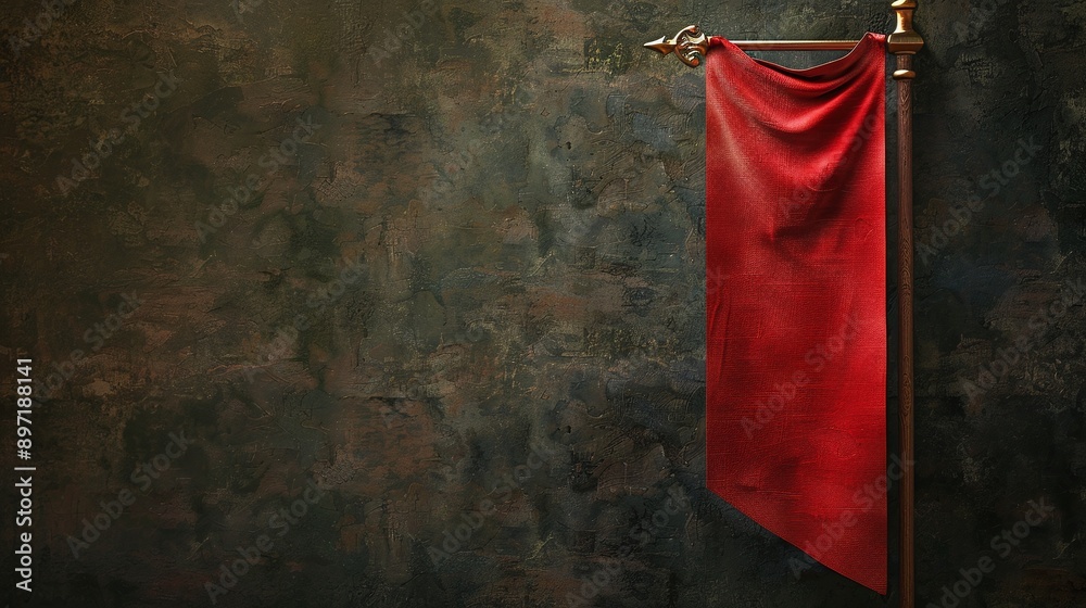 red medieval flag hanging vertically on a blank pole, game design ...
