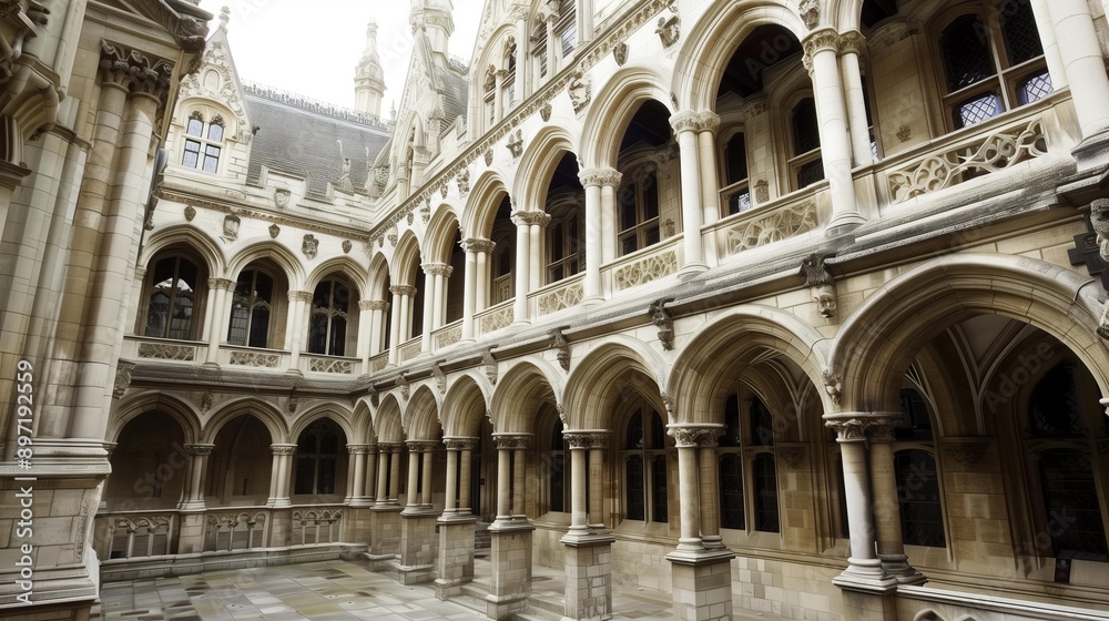Gothic-inspired architectural courtyard with ornate arched walkways and ...