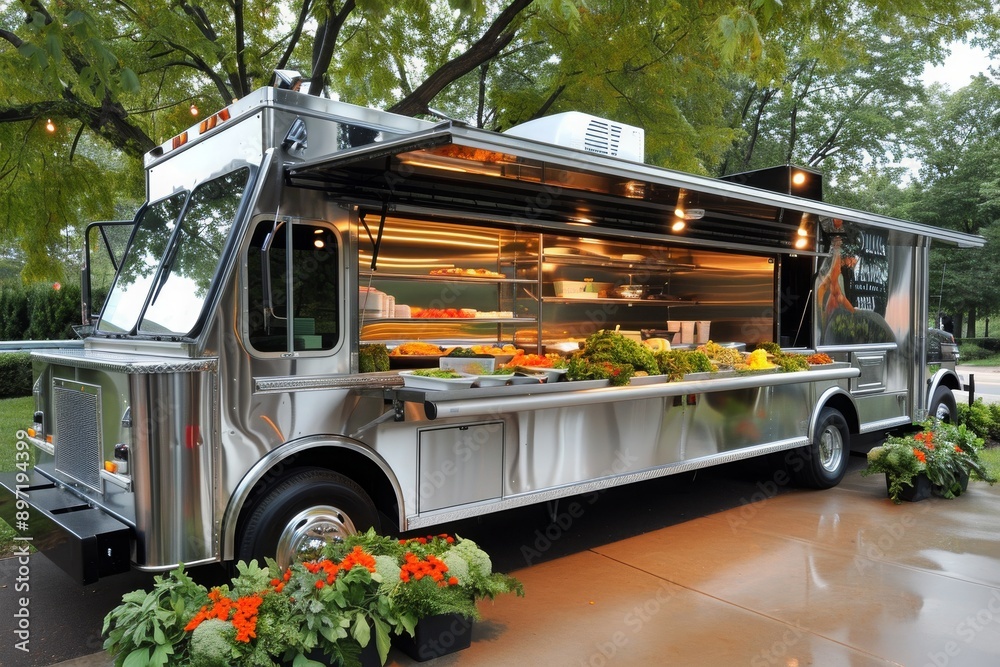 A silver food truck is parked in front of a tree, serving customers ...