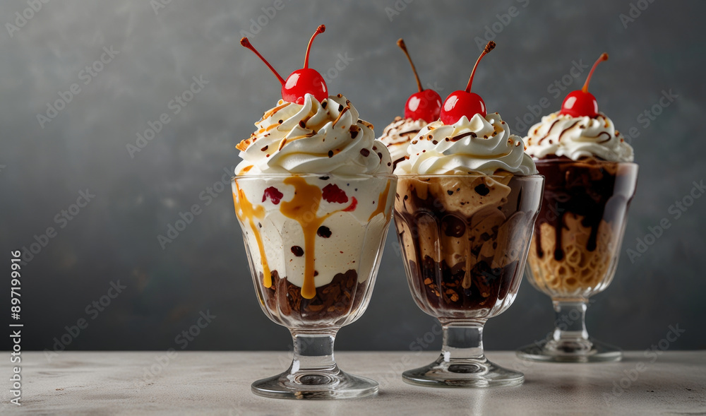 ภาพประกอบสต็อก Collection of Sundae sundaes ice cream frozen dessert in ...
